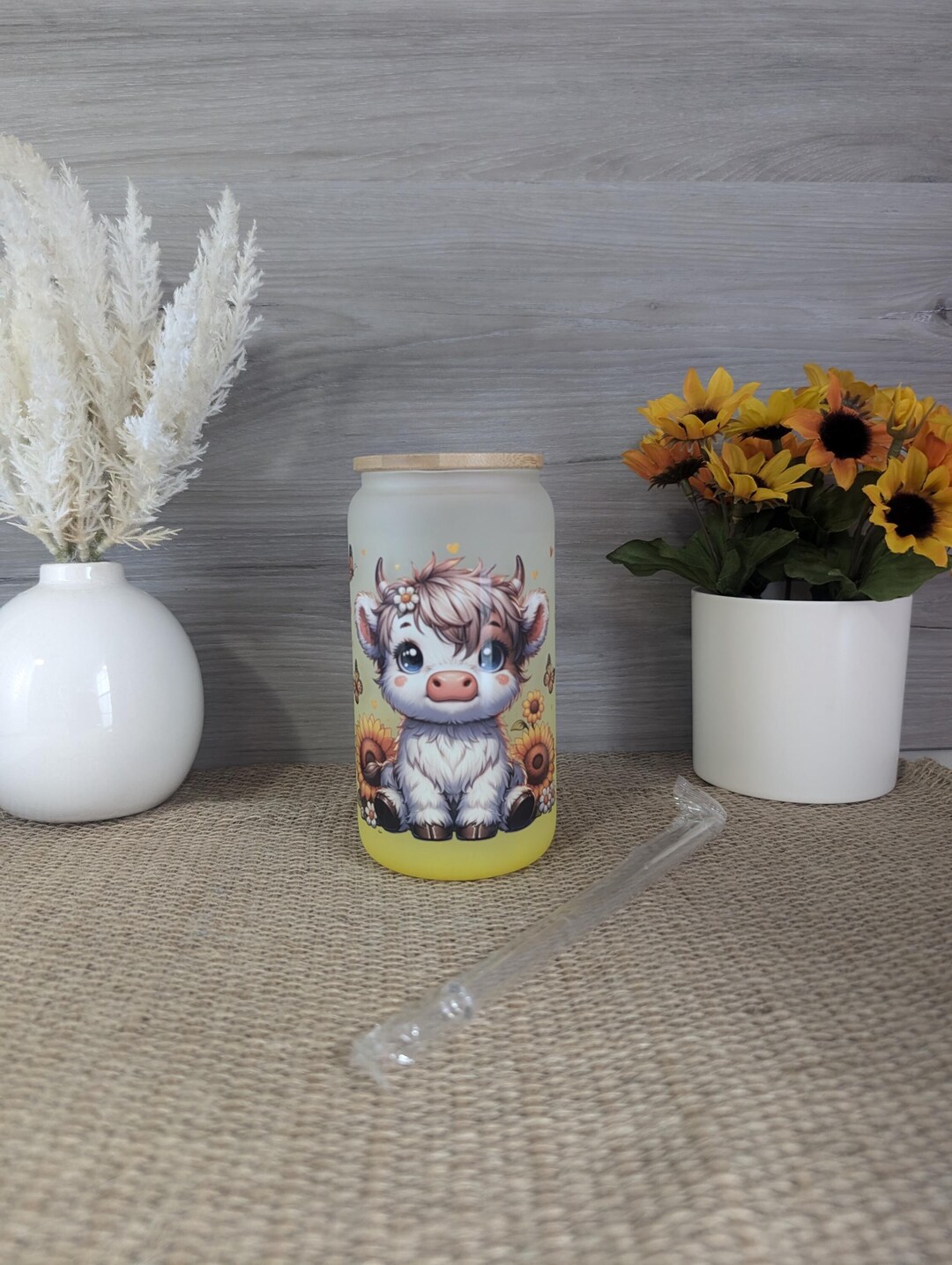 Unique Highland Cow Drinking Glass, 16oz Cow Themed Glass With Bamboo ...