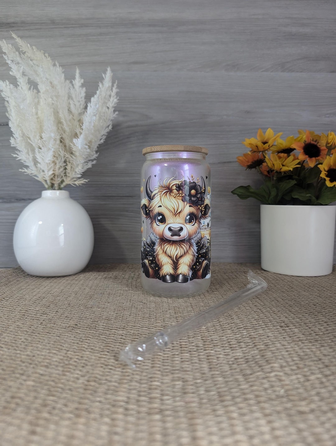 Unique Highland Cow Drinking Glass, 16oz Cow Themed Glass With Bamboo ...