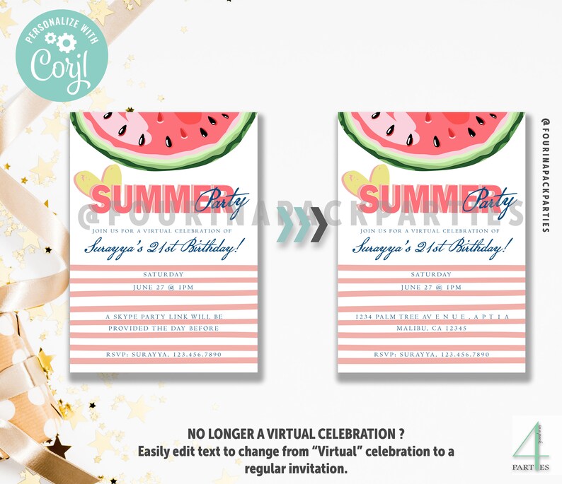 Whimsical Watermelon Summer Virtual Birthday Party Invitation - Etsy