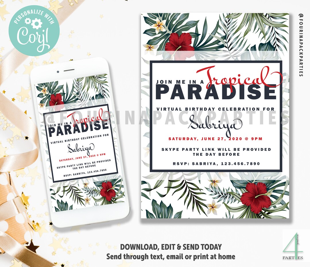 Tropical Paradise Virtual Birthday Invitation for Virtual Party During ...