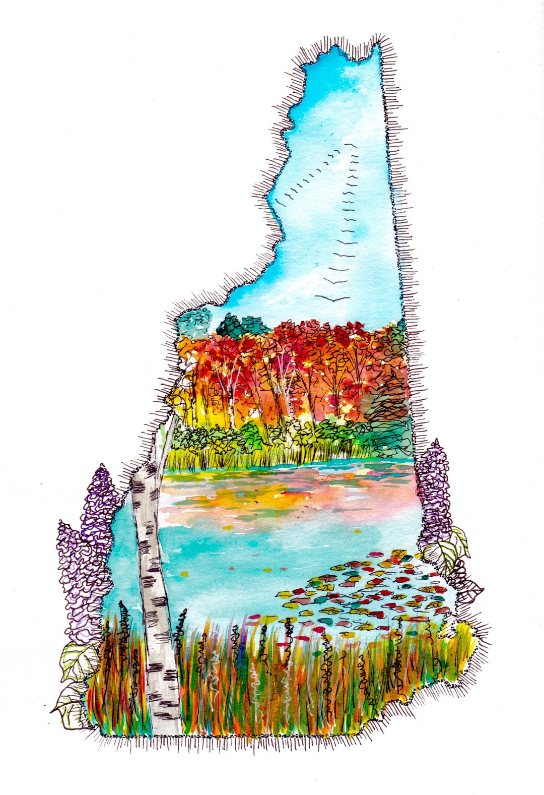 Hand-drawn Watercolor and Ink Illustration of New Hampshire in the Fall ...