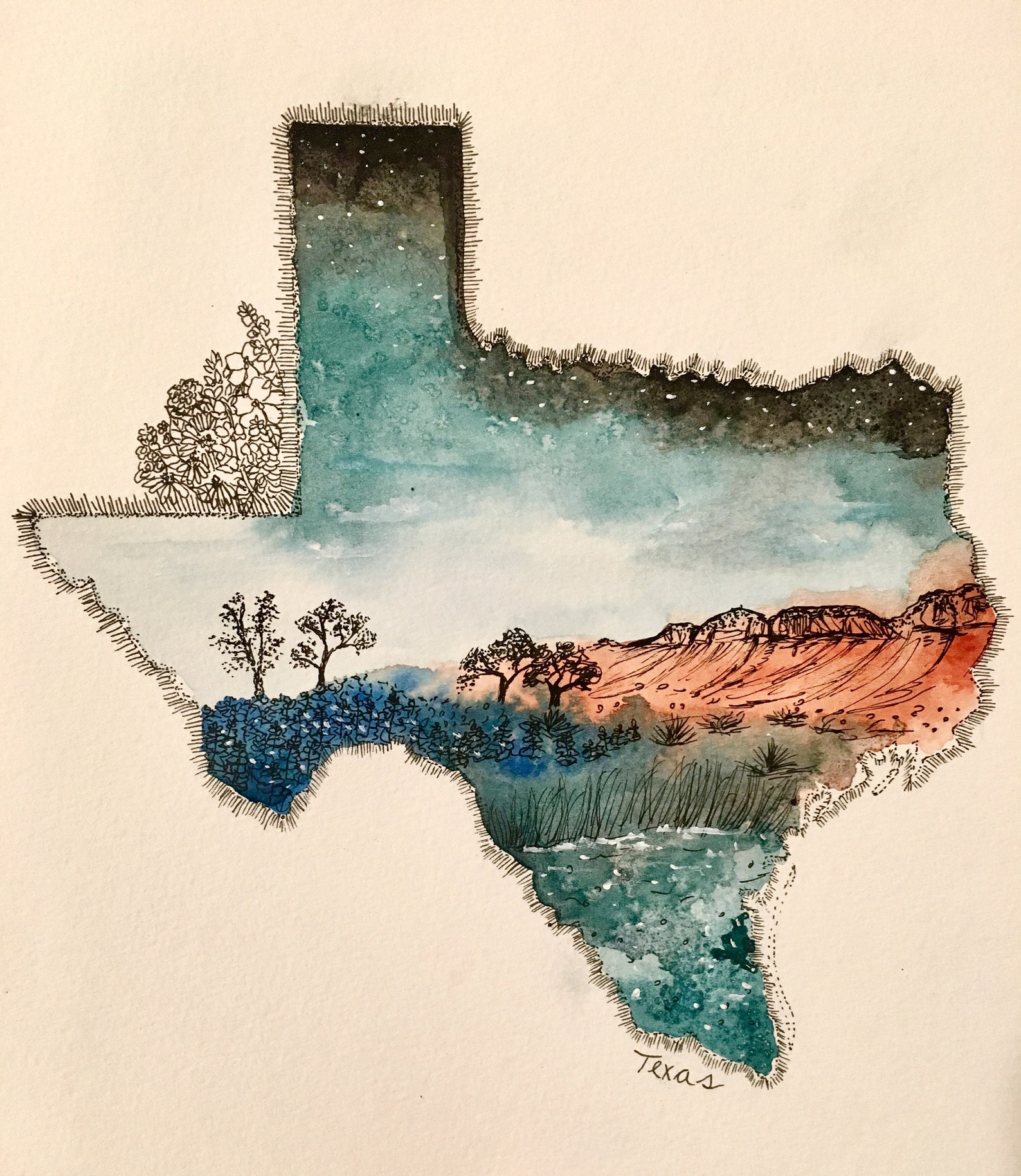 Watercolor Texas Print - Etsy