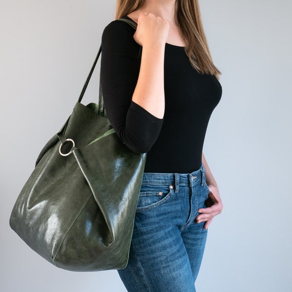 Green Leather Tote - Etsy