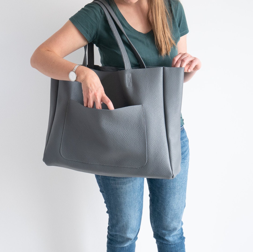 Gray LARGE SHOULDER BAG, Oversize Leather Bag, Large Everyday Leather ...