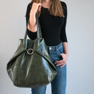 Large GREEN OVERSIZE Tote Bag - Dark Green Leather SHOPPER Bag ...