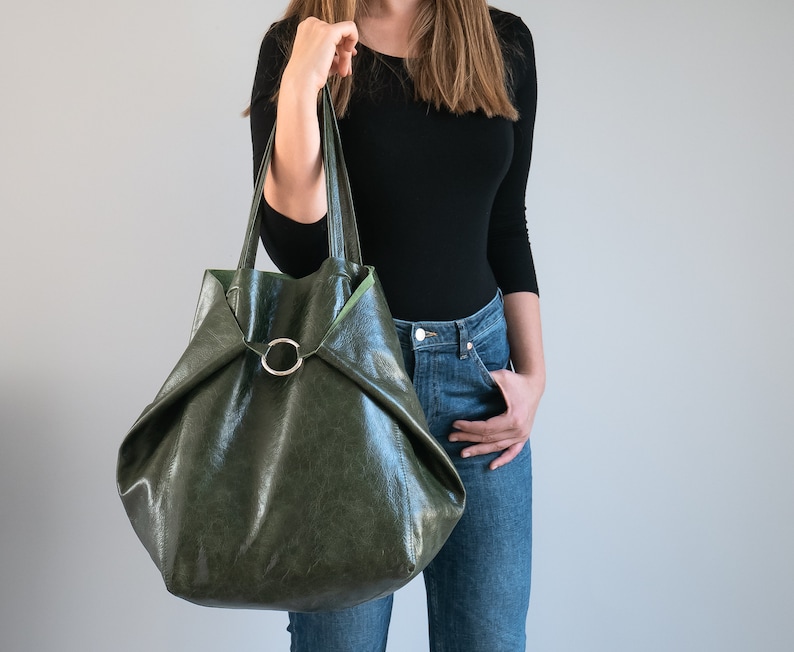 Large GREEN OVERSIZE Tote Bag Dark Green Leather SHOPPER Bag - Etsy