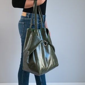 Large GREEN OVERSIZE Tote Bag - Dark Green Leather SHOPPER Bag ...