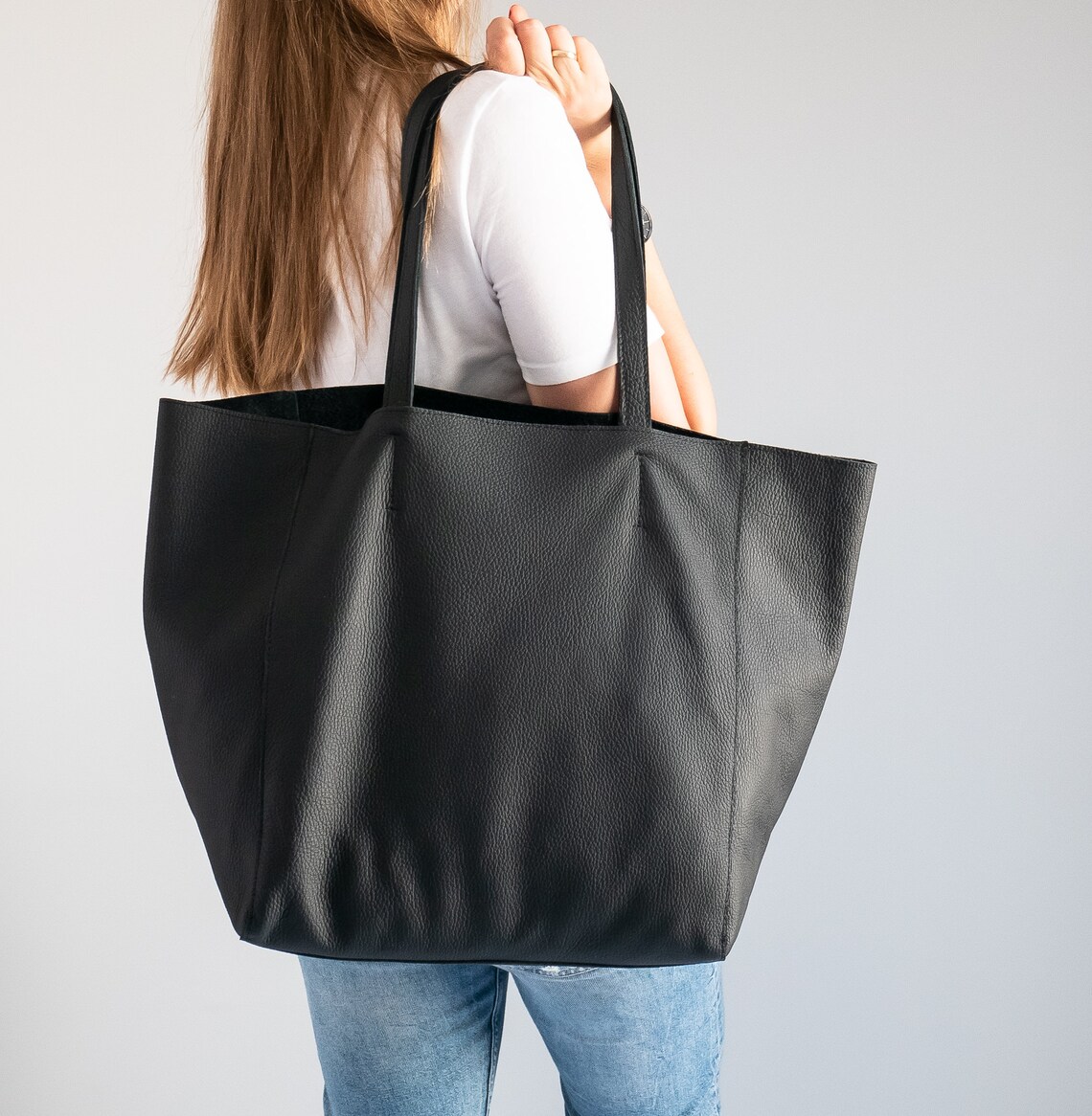BLACK OVERSIZE SHOPPER Bag, Soft Leather Shopper, Large Shopper ...