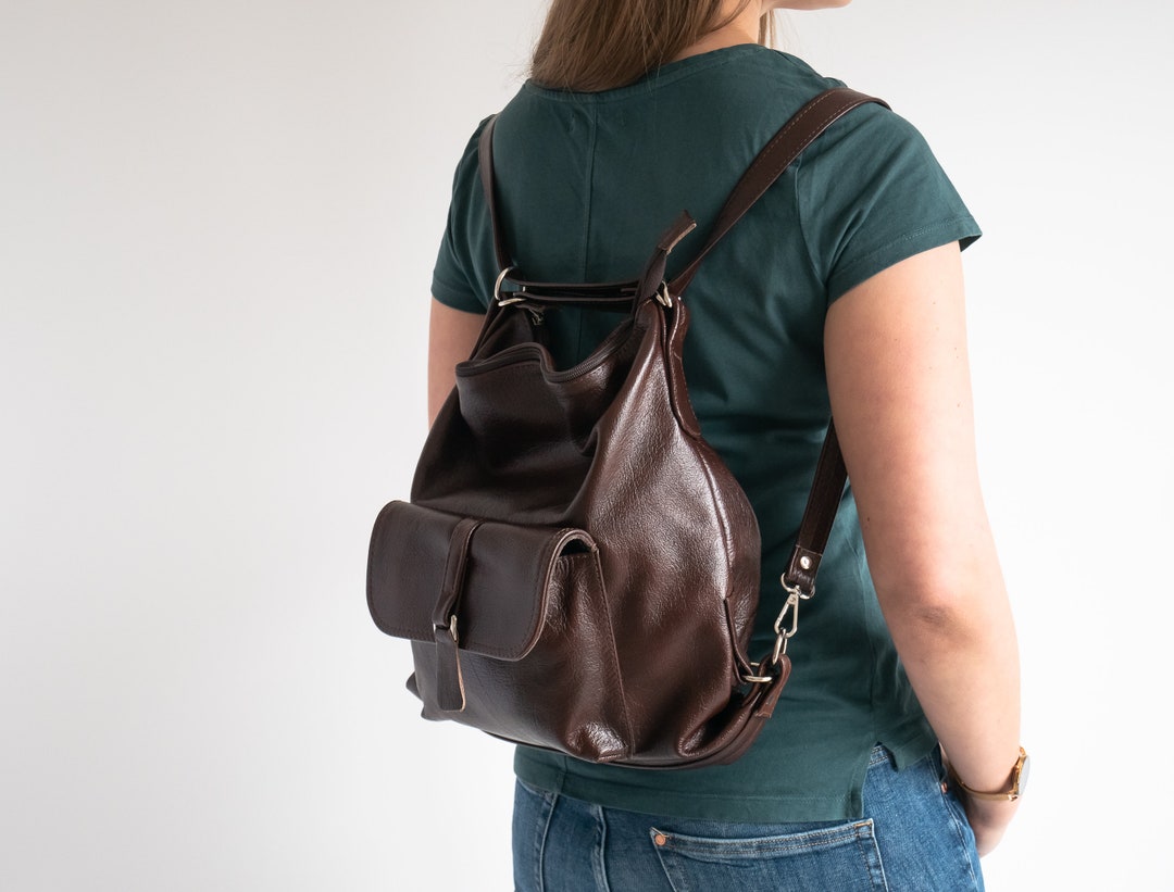 DARK Brown Convertible Backpack, 2 in 1 Leather Backpack Purse, Leather ...