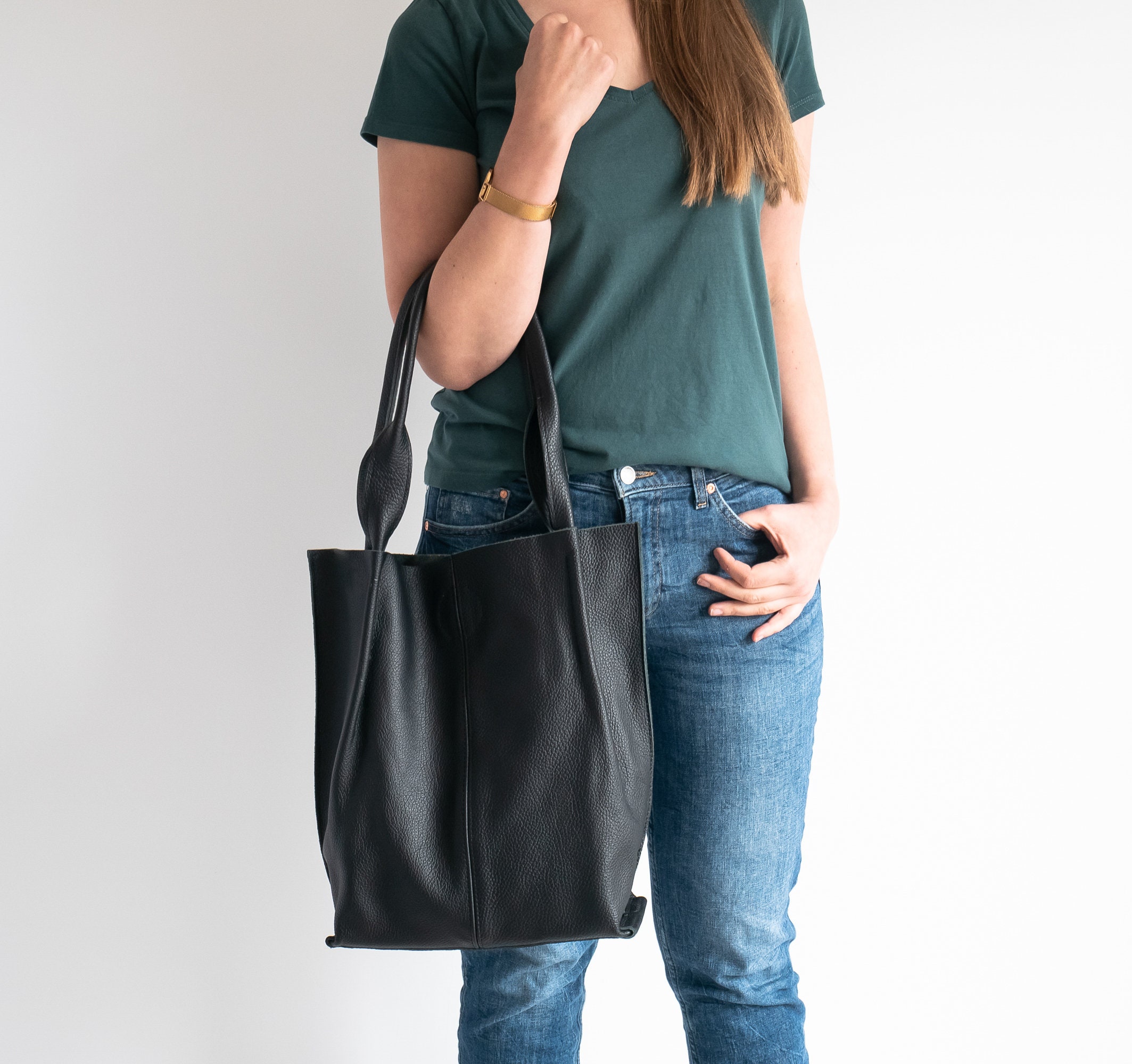 BLACK Leather Shopper Bag Leather Tote Bag Large Tote Bag | Etsy