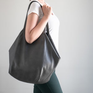 GRAY OVERSIZE SHOPPER Bag - Large Leather Tote Bag - Big Shoulder Bag ...