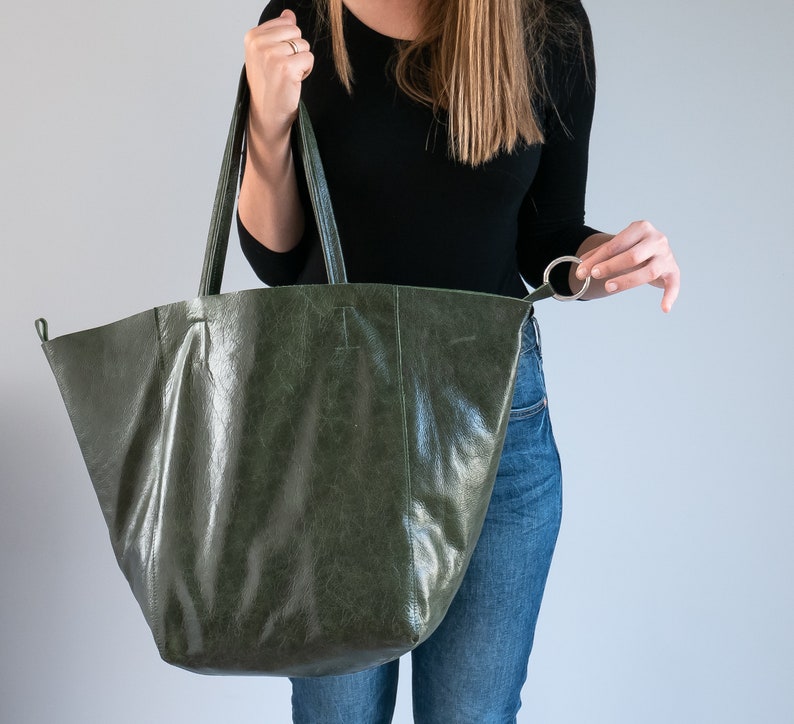 Large GREEN OVERSIZE Tote Bag Dark Green Leather SHOPPER Bag | Etsy