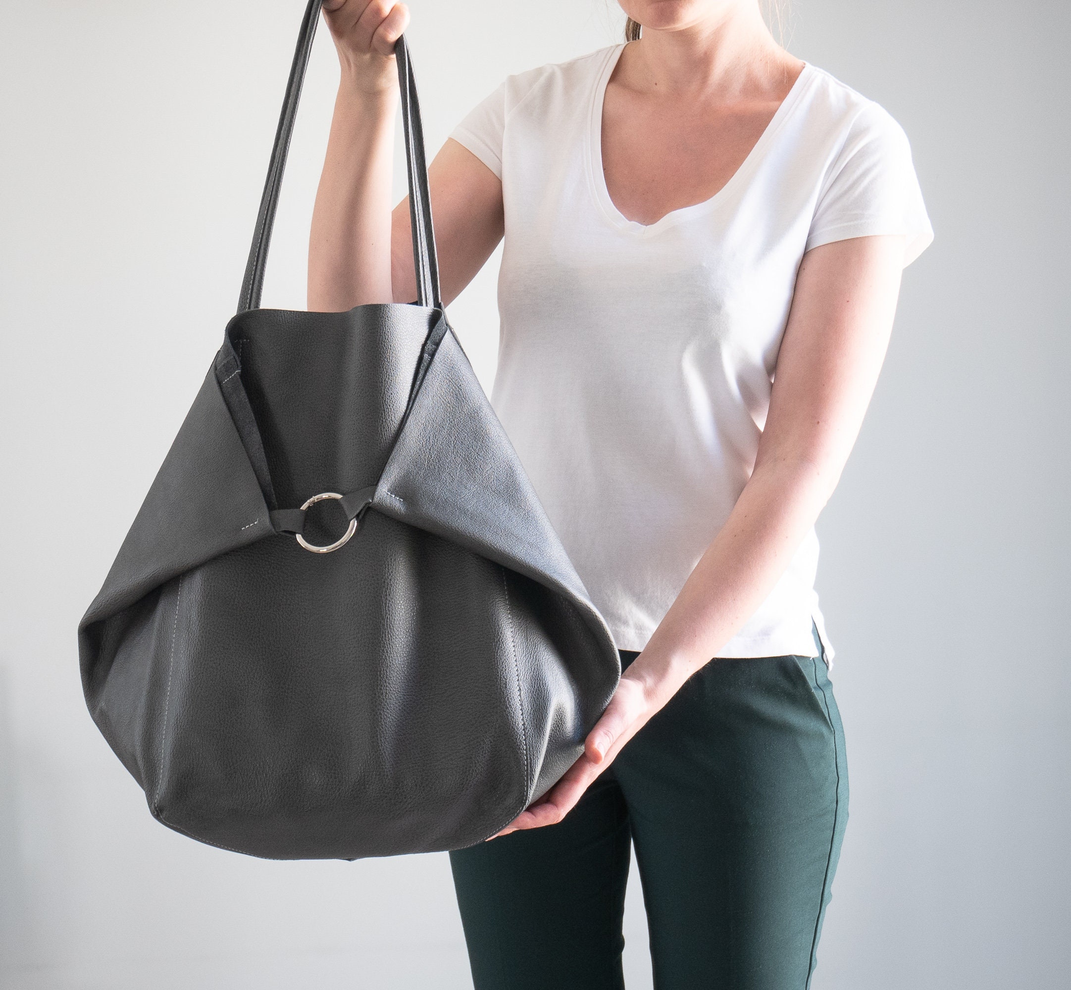 GRAY OVERSIZE SHOPPER Bag - Large Leather Tote Bag - Big Shoulder Bag ...