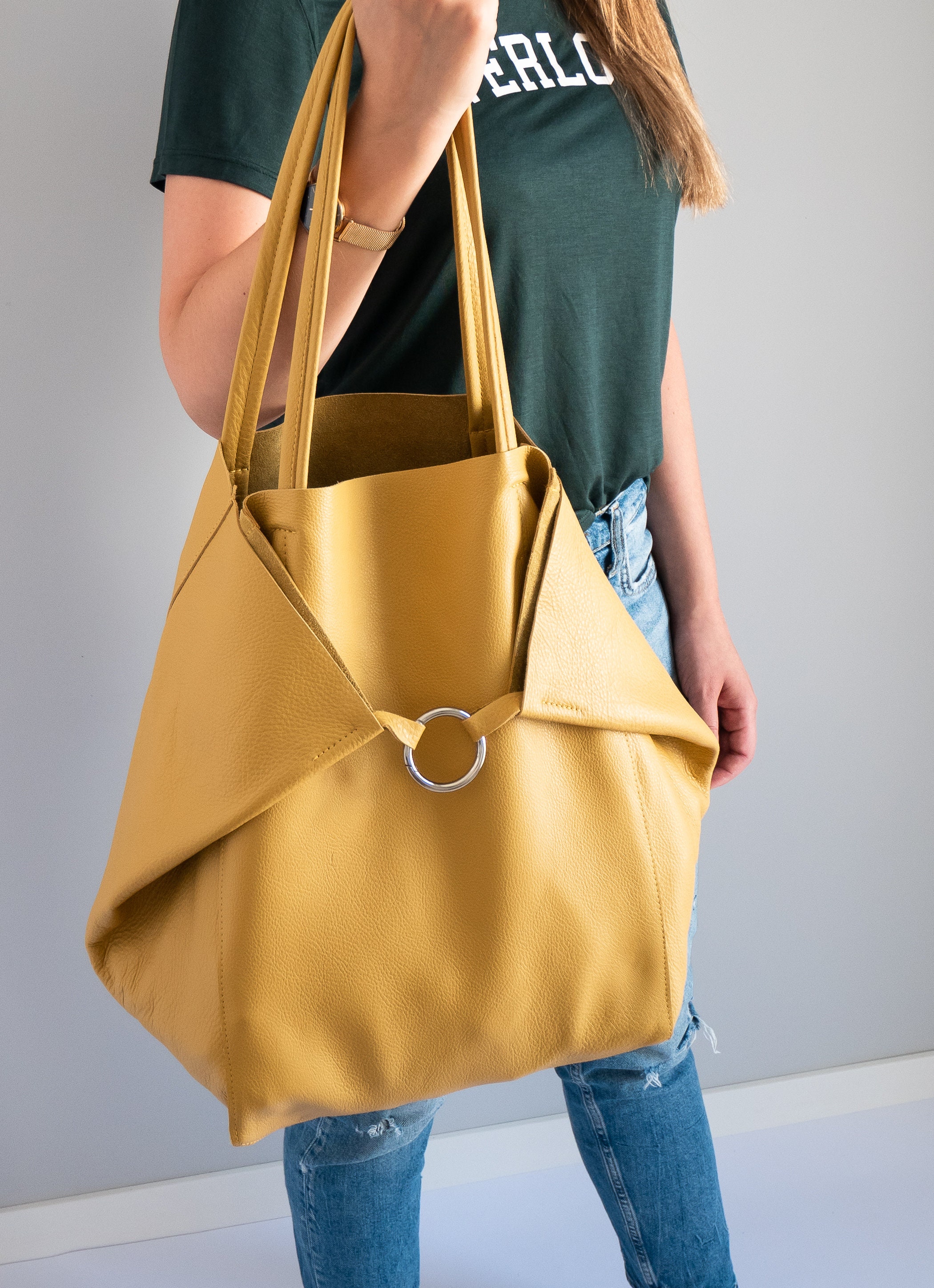 Large Yellow OVERSIZE Tote Bag Yellow Leather SHOPPER Bag | Etsy