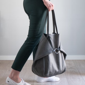 GRAY OVERSIZE SHOPPER Bag - Large Leather Tote Bag - Big Shoulder Bag ...
