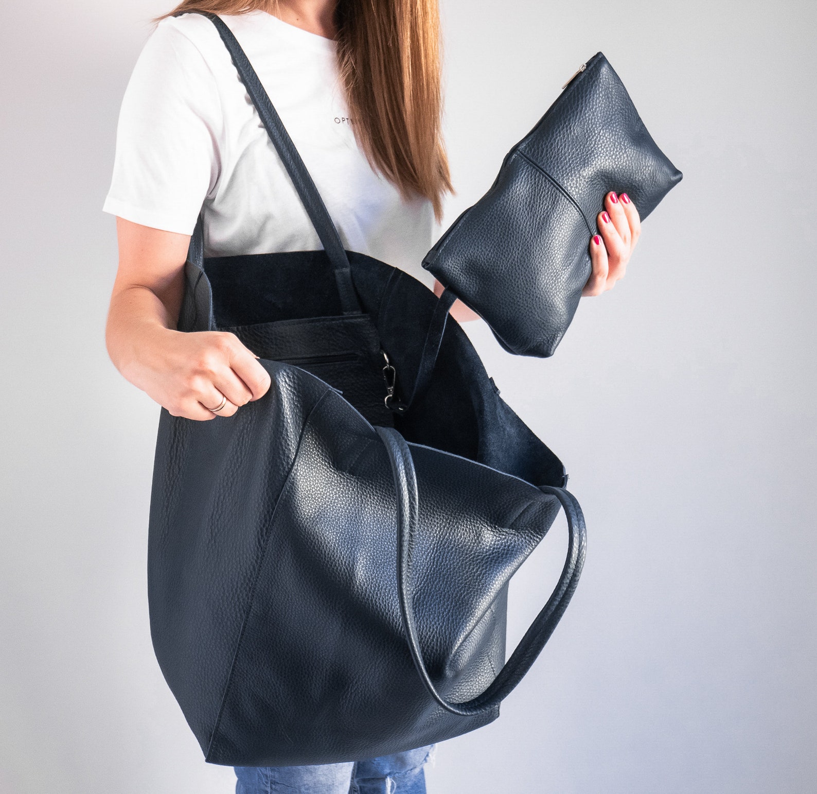Large OVERSIZE Dark Blue Tote Bag NAVY Blue Leather SHOPPER Bag ...