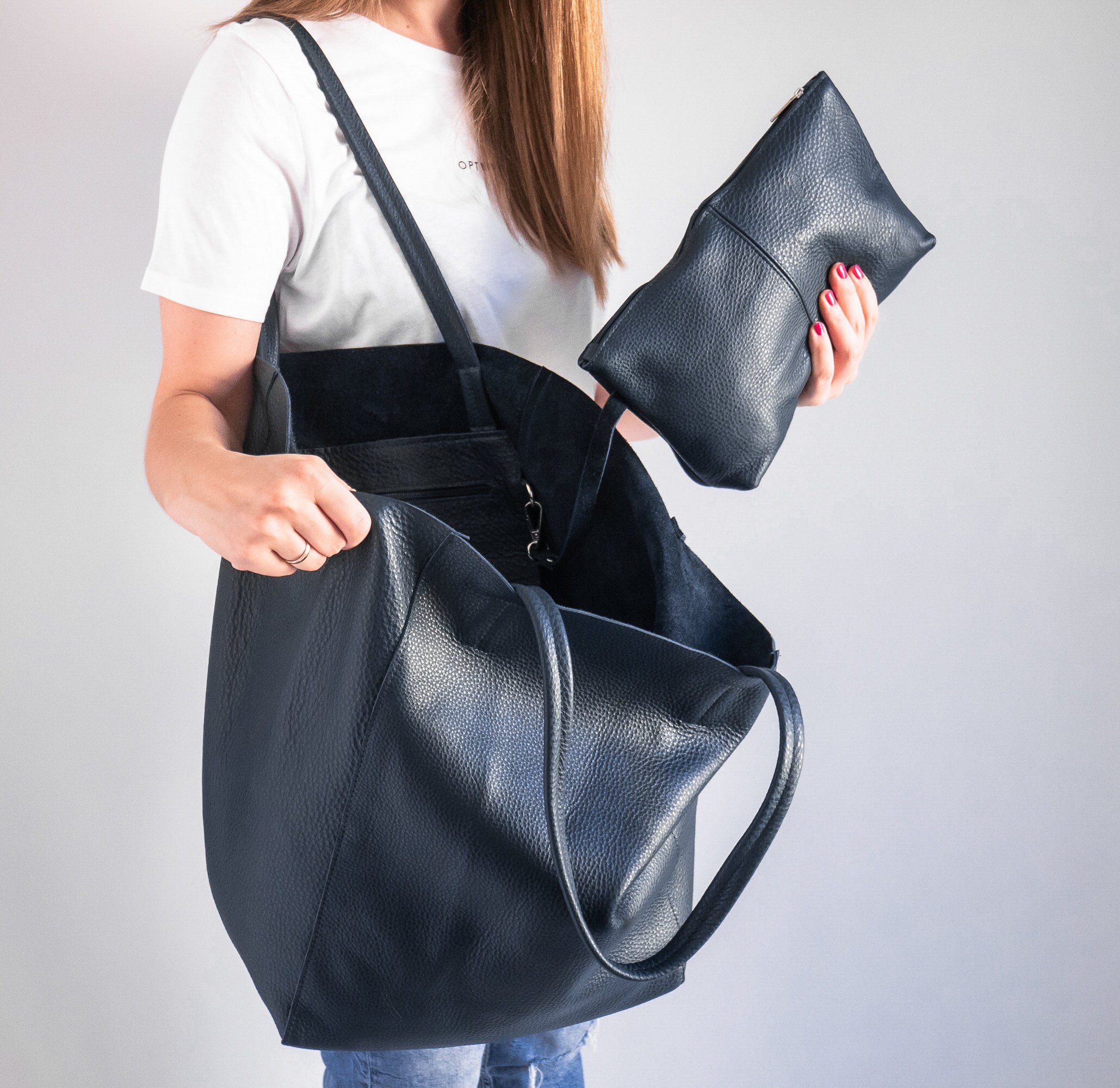 Large OVERSIZE Dark Blue Tote Bag NAVY Blue Leather SHOPPER - Etsy