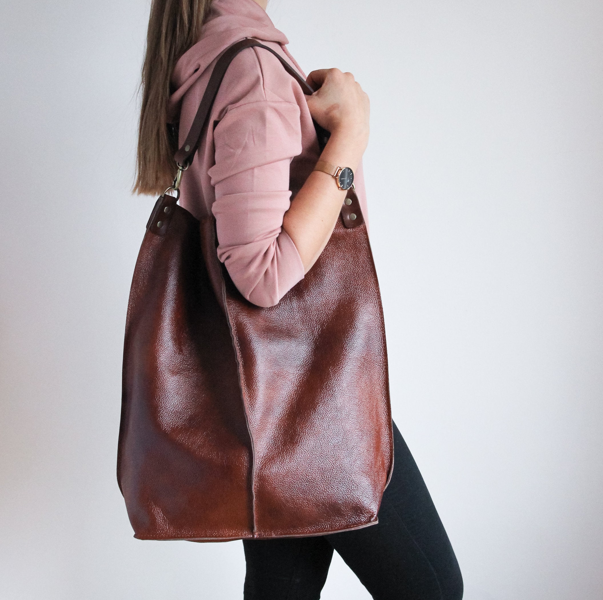Oversized BROWN Leather HOBO Bag Large Shopper Bag Brown | Etsy