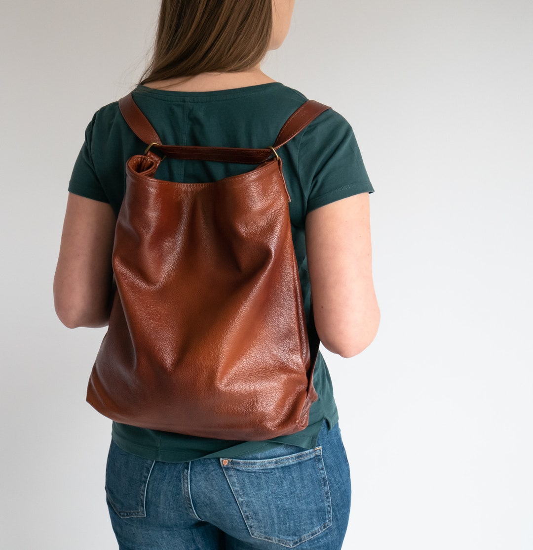 CONVERTIBLE Cognac Backpack, Brown Shoulder Bag, Distressed Leather ...