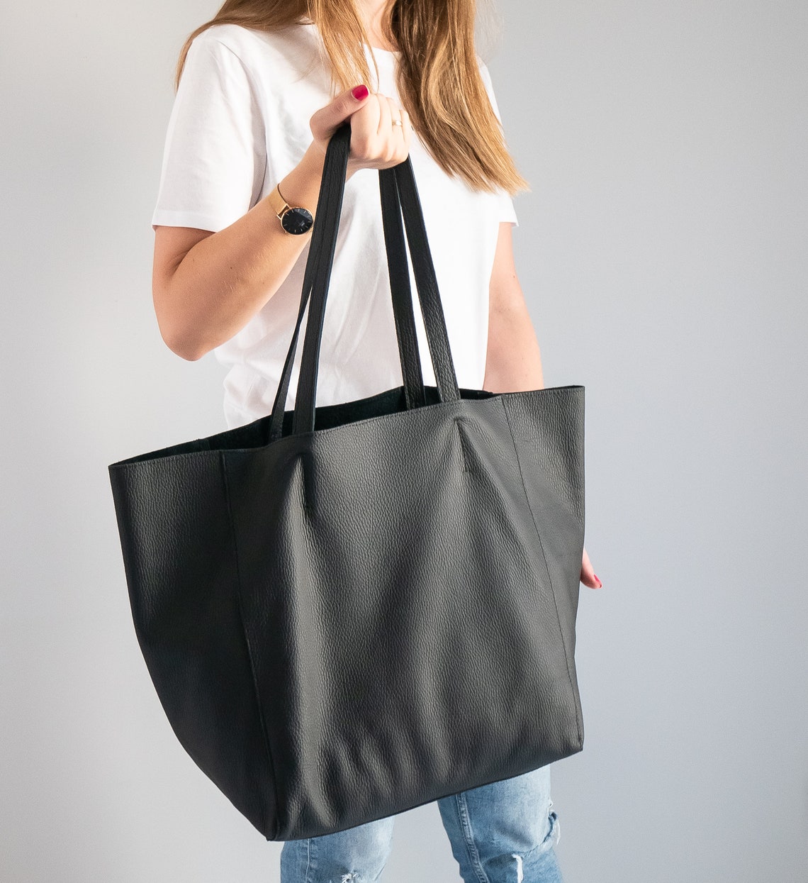 BLACK OVERSIZE SHOPPER Bag Soft Leather Shopper Large | Etsy