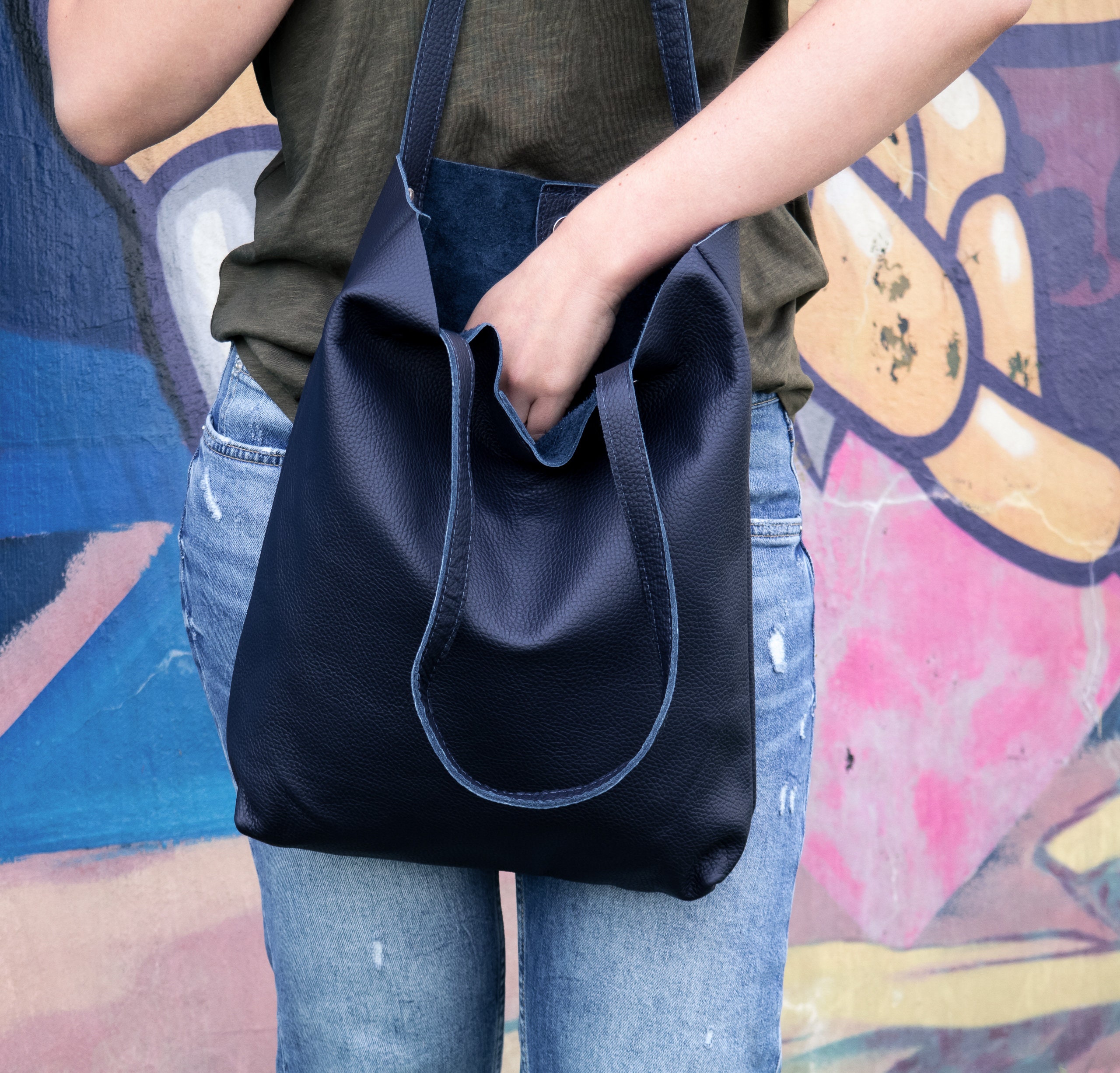 LEATHER TOTE Bag NAVY Leather Purse Natural Leather Book | Etsy