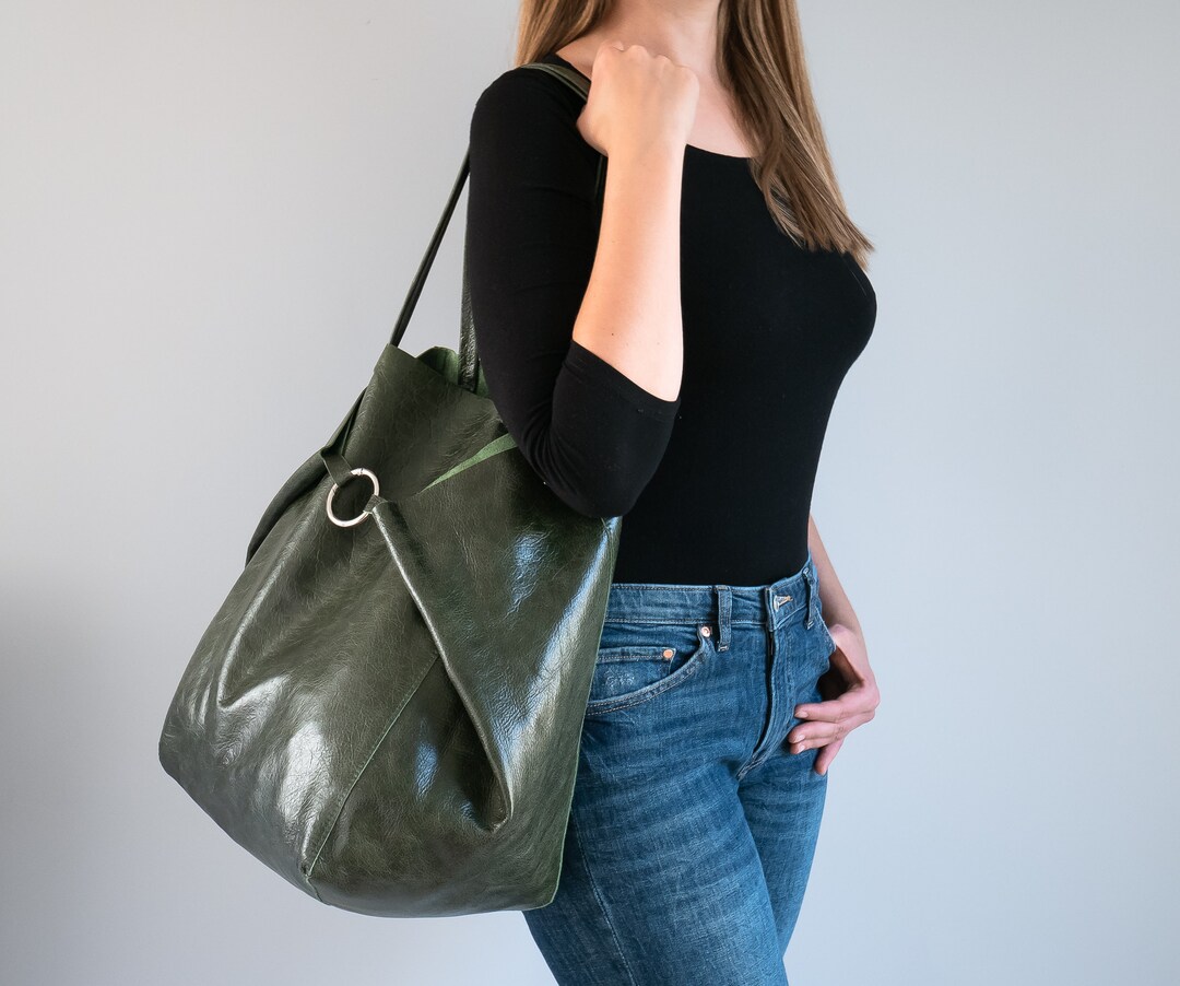 Large GREEN OVERSIZE Tote Bag - Dark Green Leather SHOPPER Bag ...
