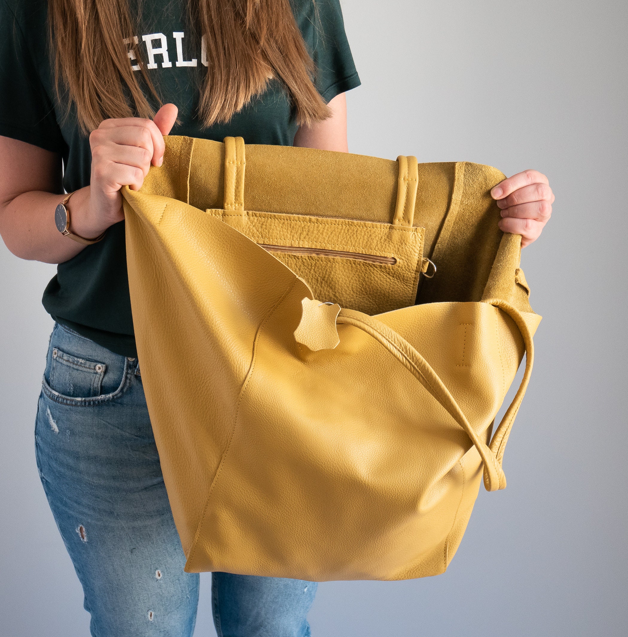 Large Yellow OVERSIZE Tote Bag Yellow Leather SHOPPER Bag | Etsy
