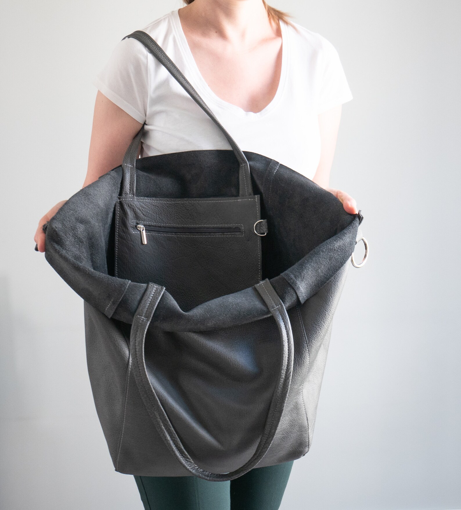 GRAY OVERSIZE SHOPPER Bag Large Leather Tote Bag Big - Etsy