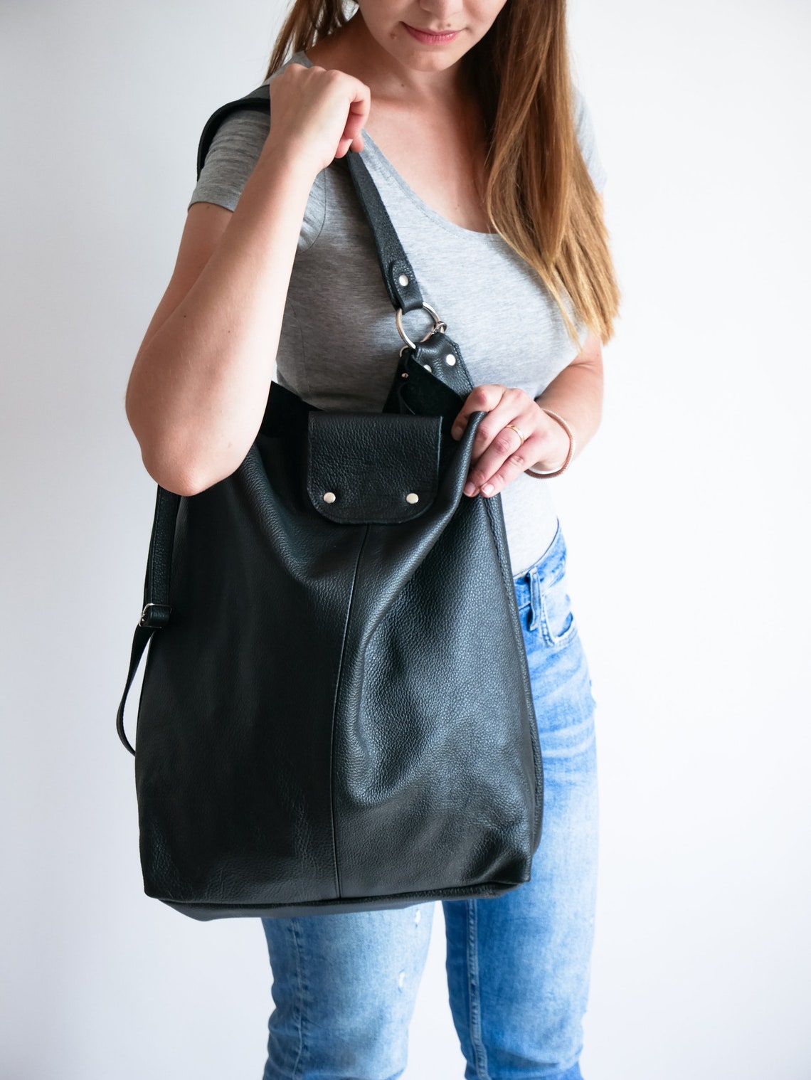 BLACK Oversize Shopper Bag Large Shopper Leather Tote Bag - Etsy