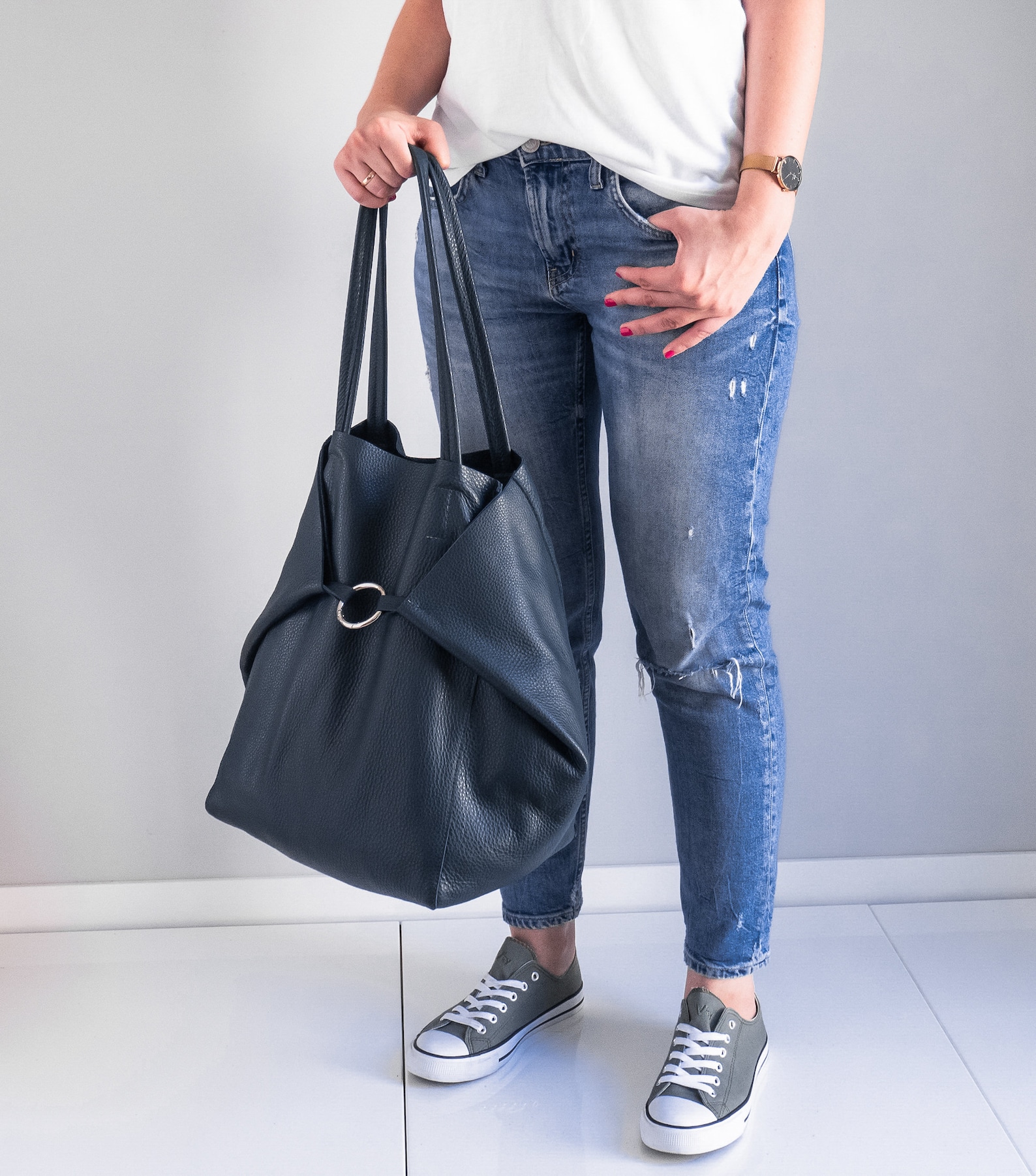 Large OVERSIZE Dark Blue Tote Bag - NAVY Blue Leather SHOPPER Bag ...