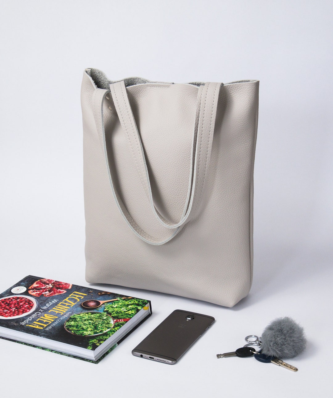 LEATHER TOTE Bag LIGHT Gray Leather Purse Natural Leather Book Bag ...