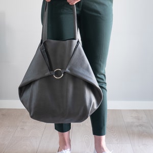GRAY OVERSIZE SHOPPER Bag - Large Leather Tote Bag - Big Shoulder Bag ...