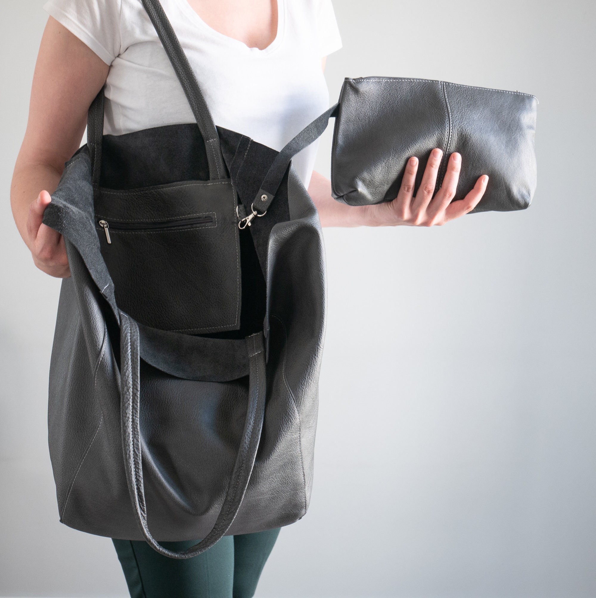 GRAY OVERSIZE SHOPPER Bag - Large Leather Tote Bag - Big Shoulder Bag ...