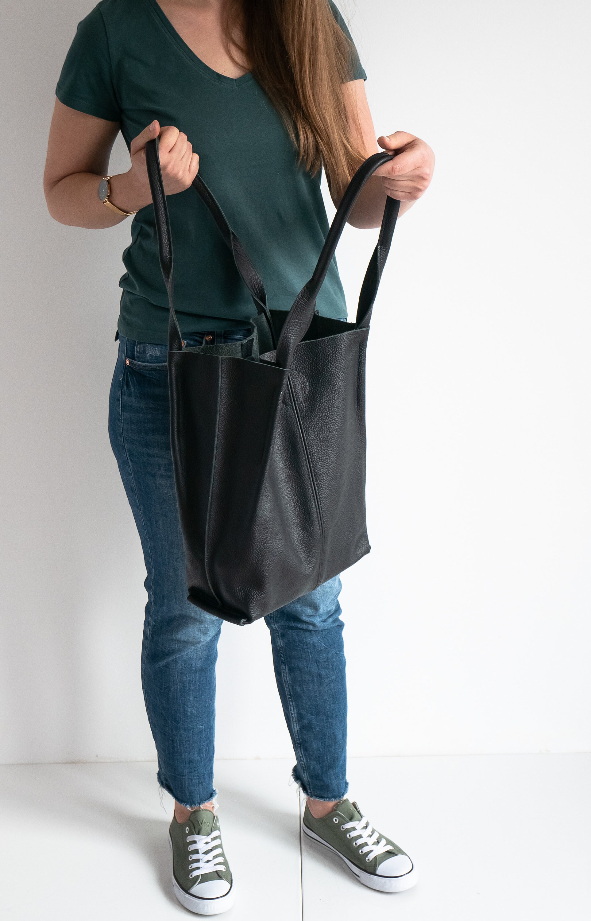 BLACK Leather Shopper Bag Leather Tote Bag Large Tote Bag | Etsy