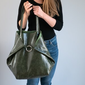 Large GREEN OVERSIZE Tote Bag - Dark Green Leather SHOPPER Bag ...