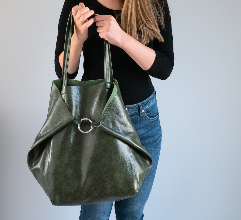 Large GREEN OVERSIZE Tote Bag Dark Green Leather SHOPPER Bag | Etsy