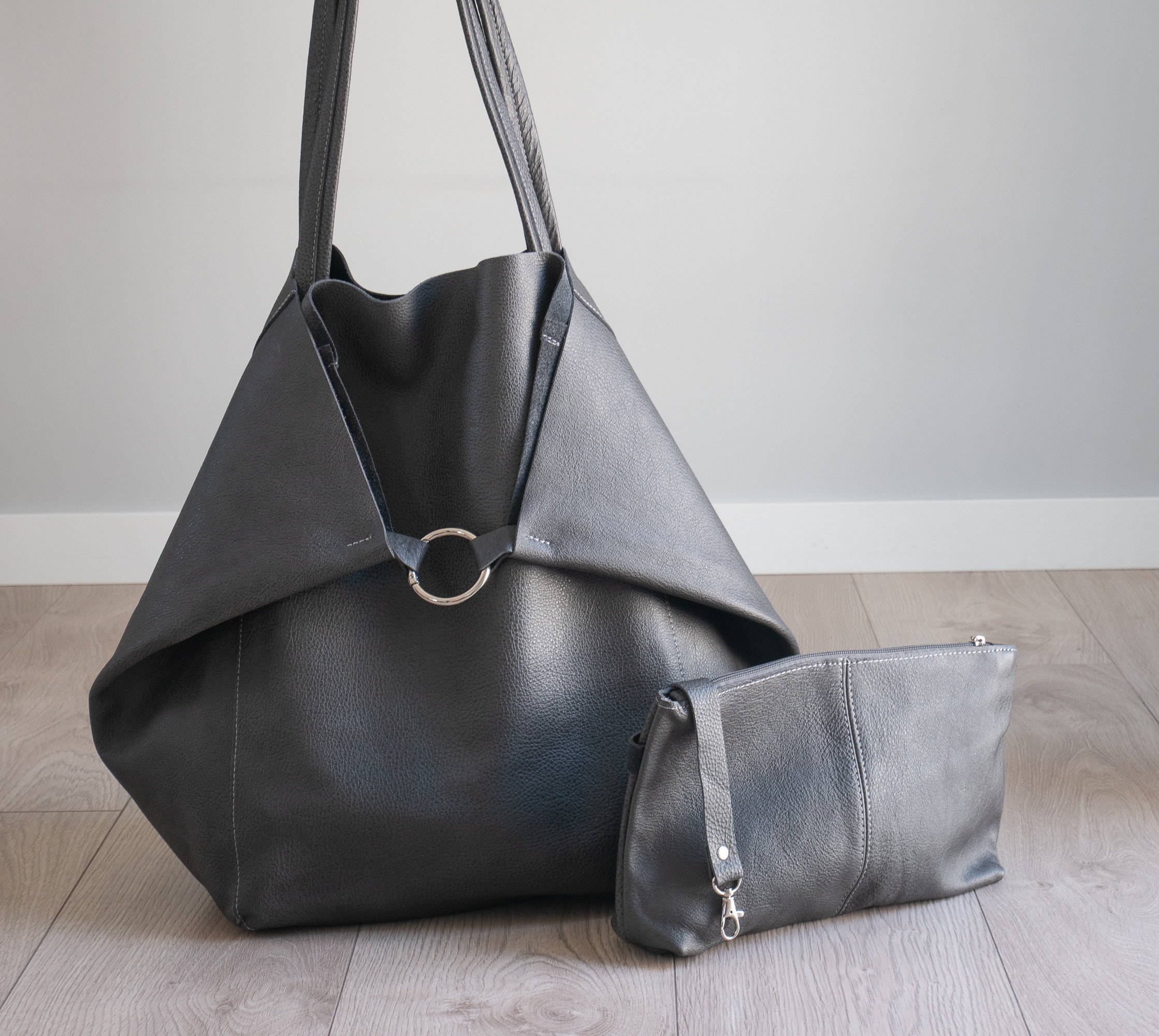 GRAY OVERSIZE SHOPPER Bag - Large Leather Tote Bag - Big Shoulder Bag ...