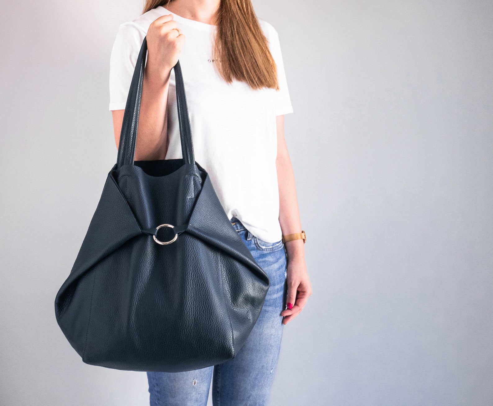 Large OVERSIZE Dark Blue Tote Bag NAVY Blue Leather SHOPPER Bag ...