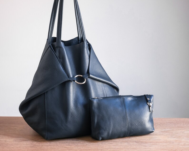 Large OVERSIZE Dark Blue Tote Bag NAVY Blue Leather SHOPPER - Etsy