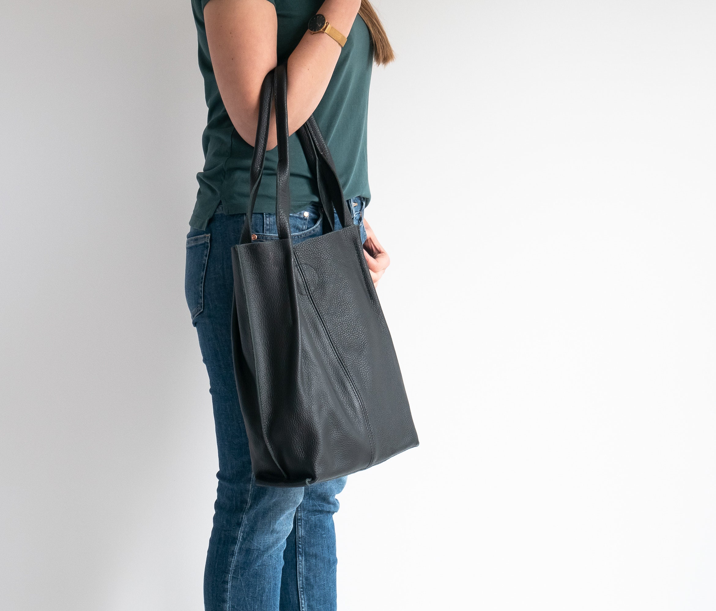 BLACK Leather Shopper Bag Leather Tote Bag Large Tote Bag | Etsy