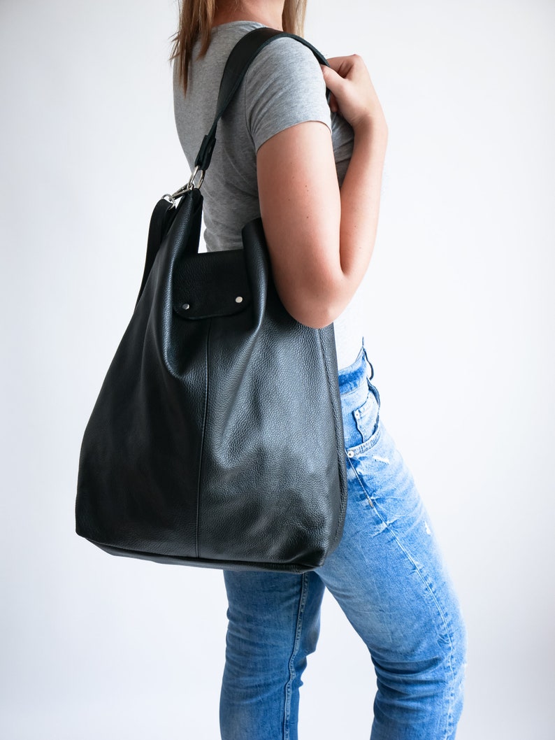 BLACK Oversize Shopper Bag Large Shopper Leather Tote Bag - Etsy