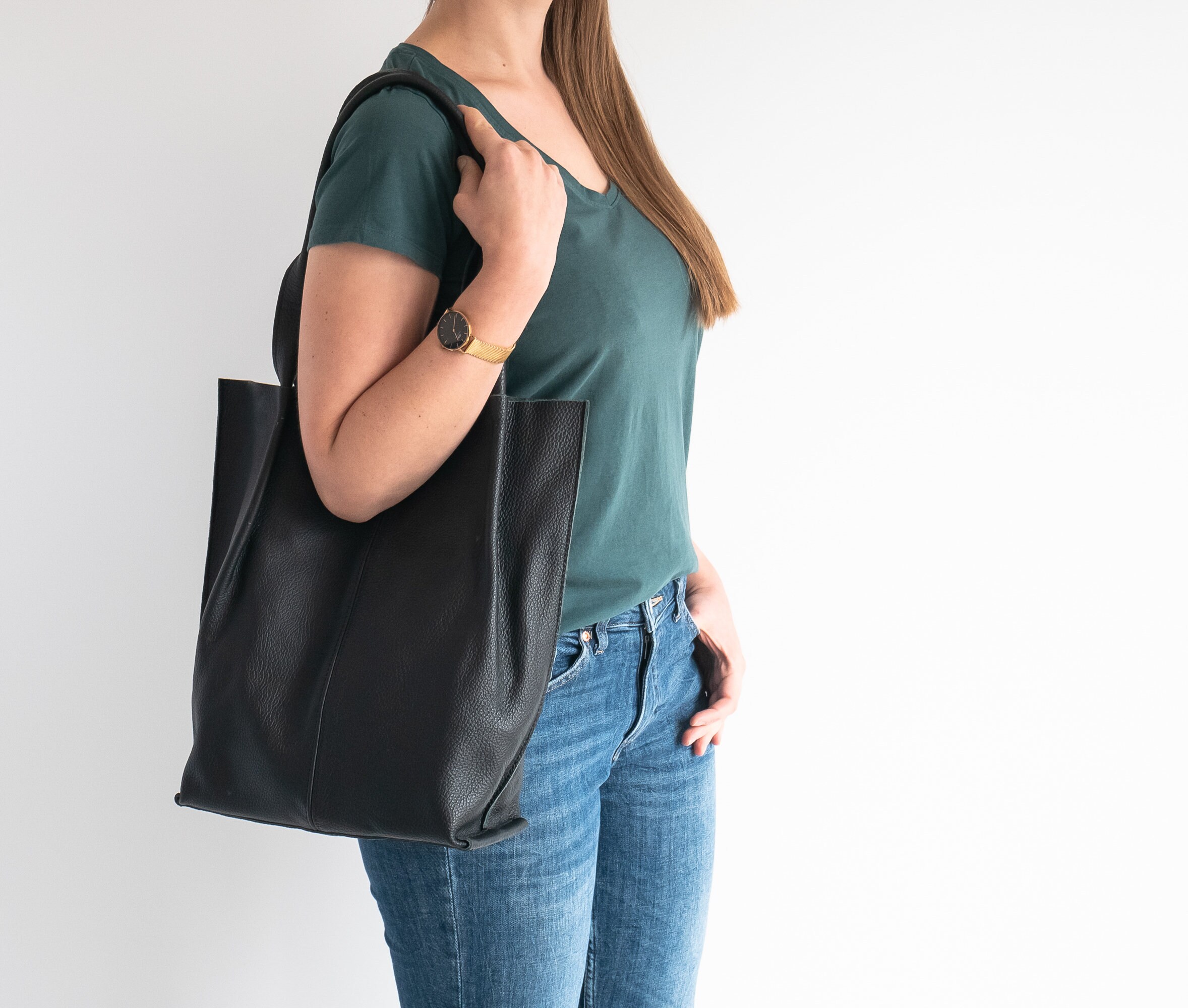 BLACK Leather Shopper Bag Leather Tote Bag Large Tote Bag | Etsy