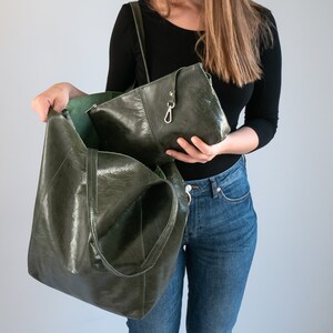 Large GREEN OVERSIZE Tote Bag - Dark Green Leather SHOPPER Bag ...