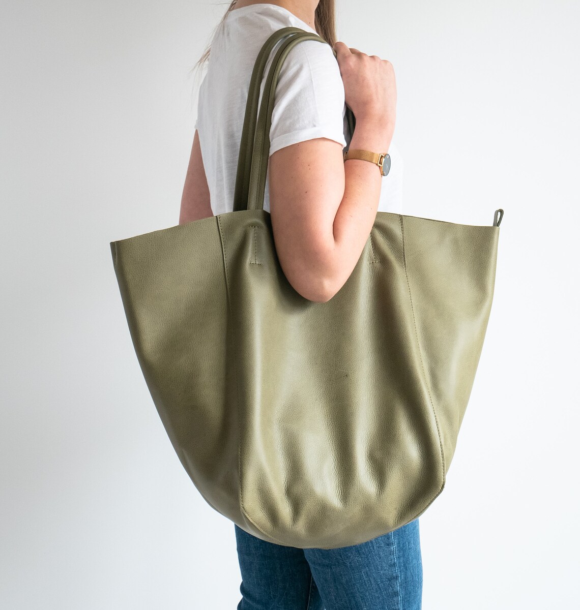 Olive Green OVERSIZE SHOULDER Bag Large Leather Tote Bag - Etsy