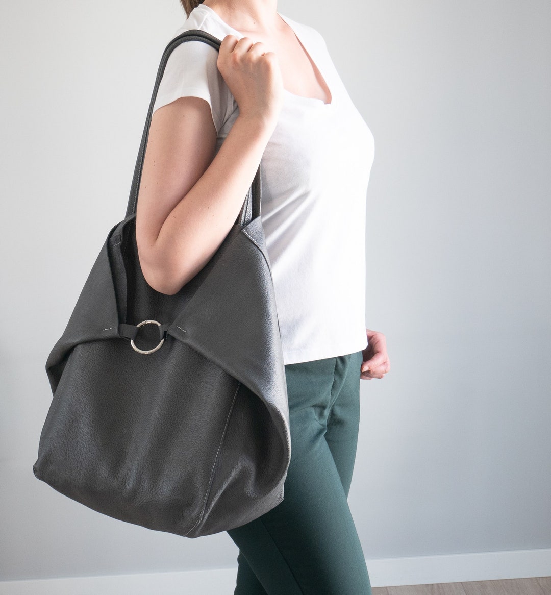 GRAY OVERSIZE SHOPPER Bag - Large Leather Tote Bag - Big Shoulder Bag ...