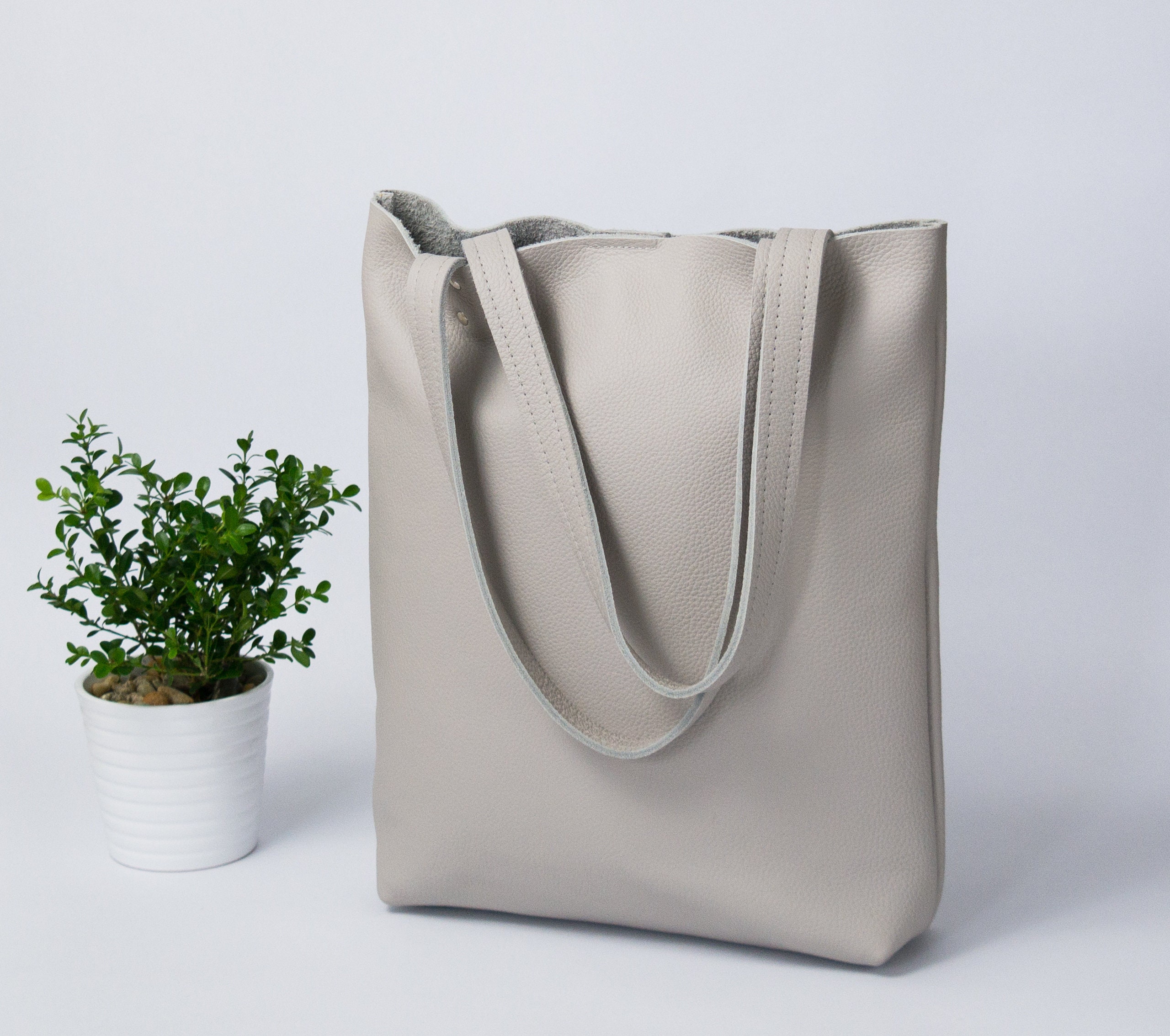 LEATHER TOTE Bag LIGHT Gray Leather Purse Natural Leather | Etsy