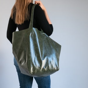 Large GREEN OVERSIZE Tote Bag - Dark Green Leather SHOPPER Bag ...