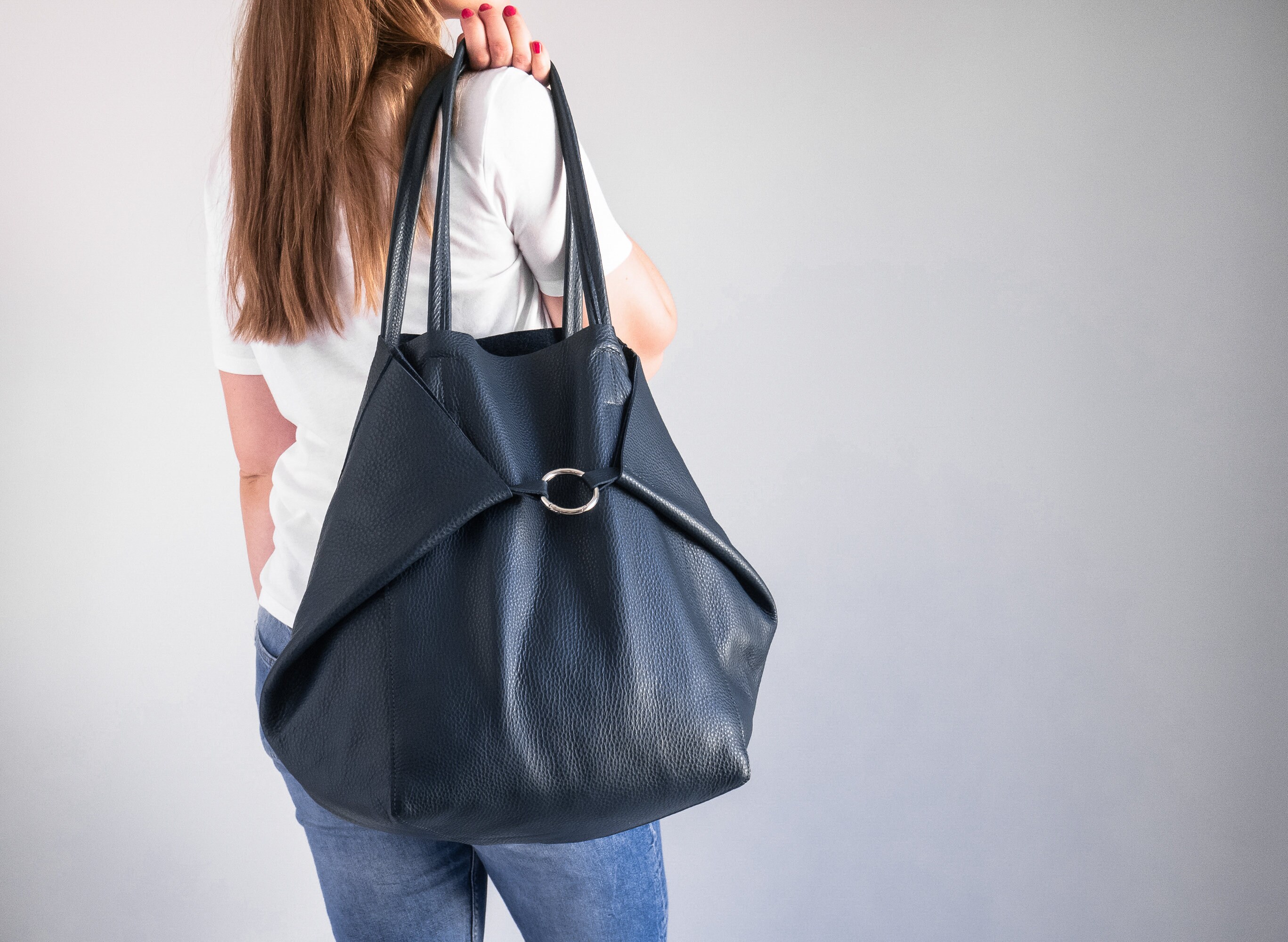 Large OVERSIZE Dark Blue Tote Bag NAVY Blue Leather SHOPPER - Etsy