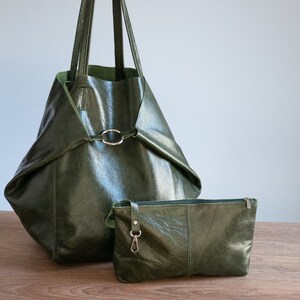 Large GREEN OVERSIZE Tote Bag - Dark Green Leather SHOPPER Bag ...