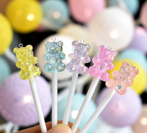 Pastel Colorful Glitter Gummy Bear Lollipop with Eyepin Charm | Etsy
